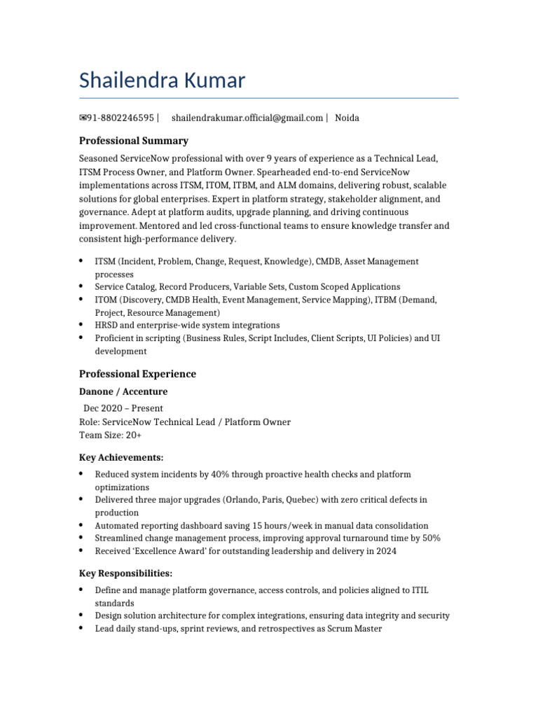 ServiceNow Technical Lead Resume | PDF | Service Level Agreement ...