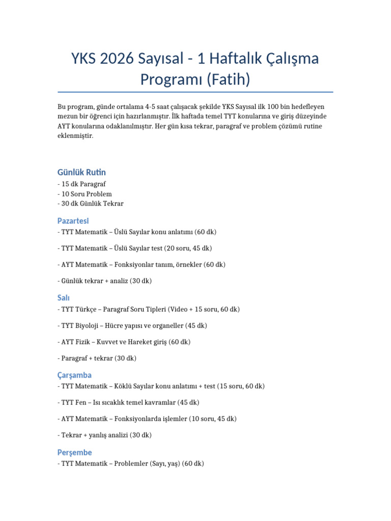 YKS 2026 1 Haftalik Program Fatih | PDF