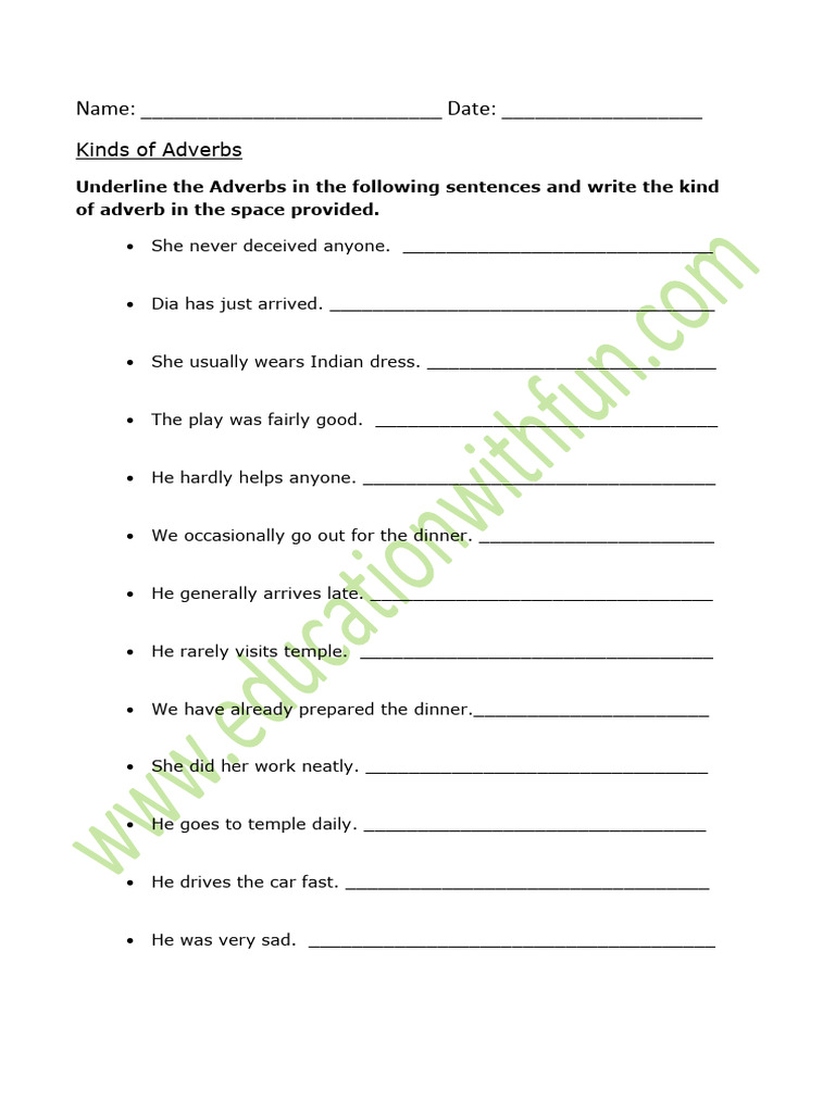 Kinds of Adverb Worksheet 2 | PDF