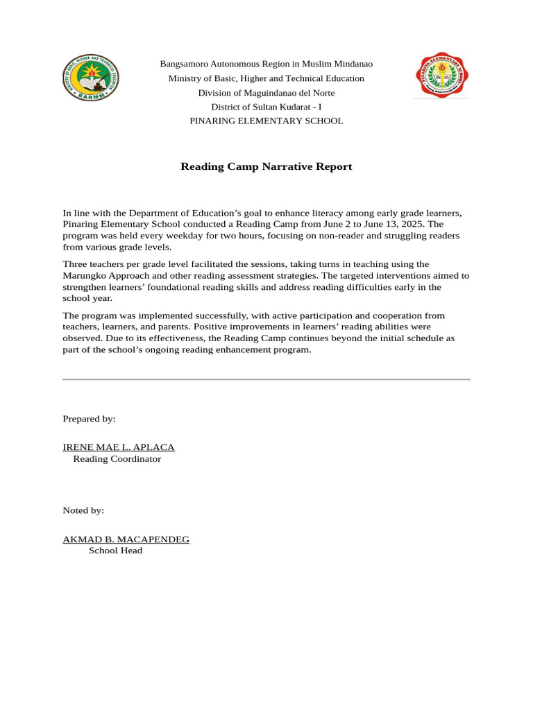 Reading Camp Narrative Report | PDF | Teachers | Reading (Process)