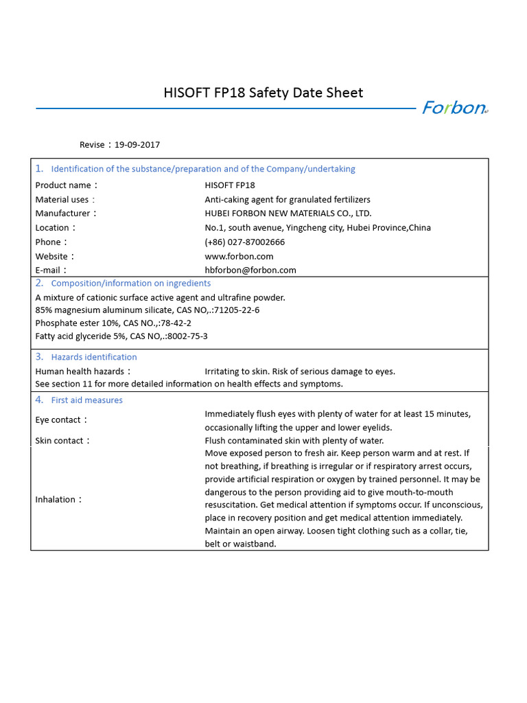 Msds Hisoft Hubei Forbon New Materials | PDF | Dangerous Goods ...