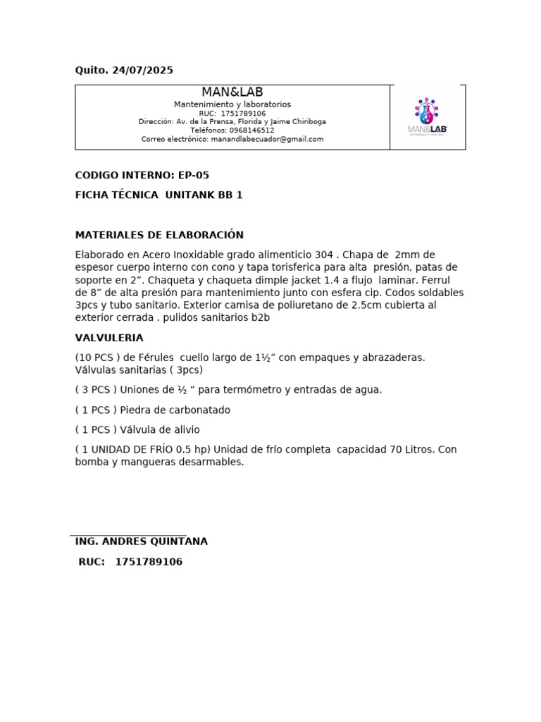 Ficha Técnica Unitank BB 1 - MAN&LAB | PDF