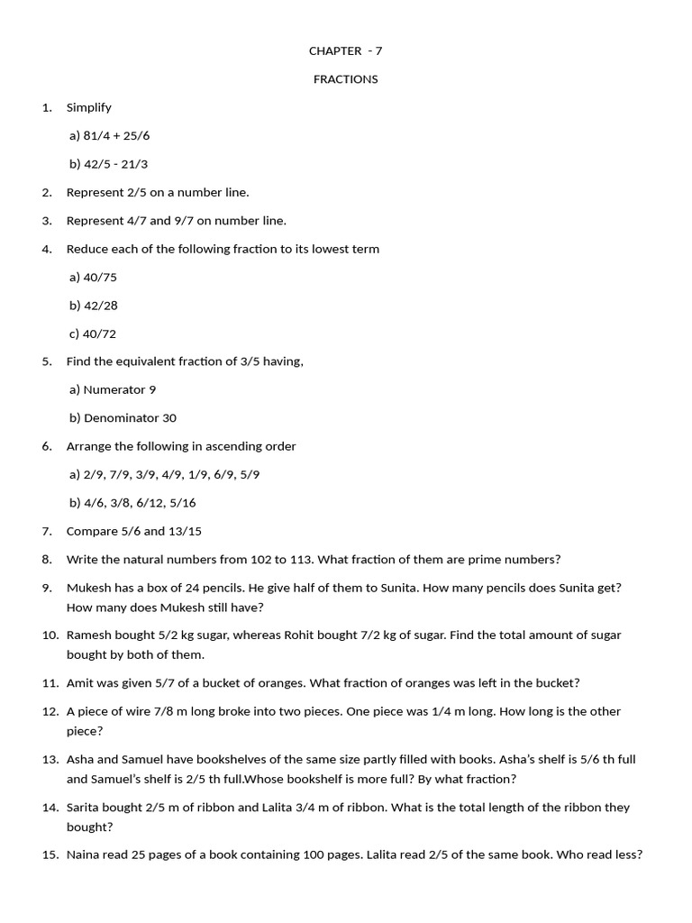 Class 6 Fractions Chapter 7 Exercises | PDF