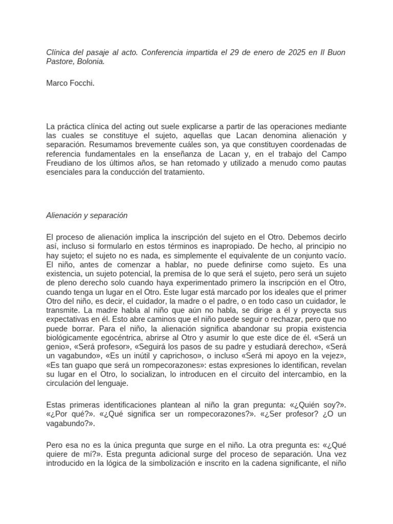 Clínica del pasaje al acto, Marco Focchi | PDF | Jacques Lacan | Engaño