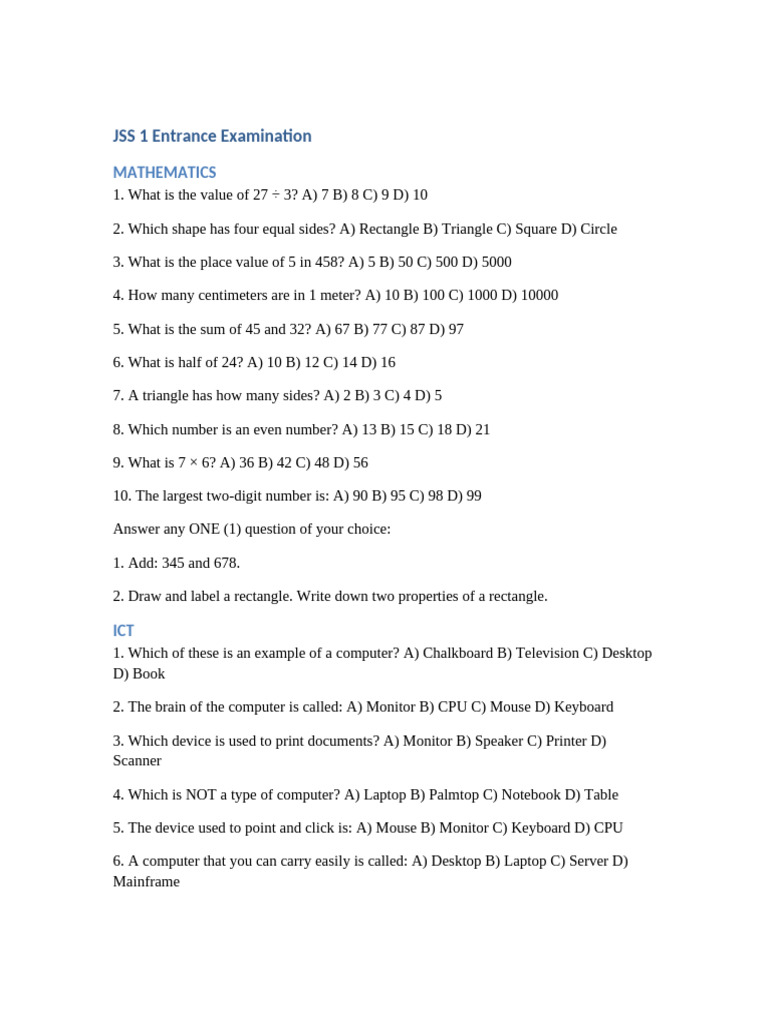 JSS 1 Entrance Exam Questions | PDF | Laptop | Desktop Computer