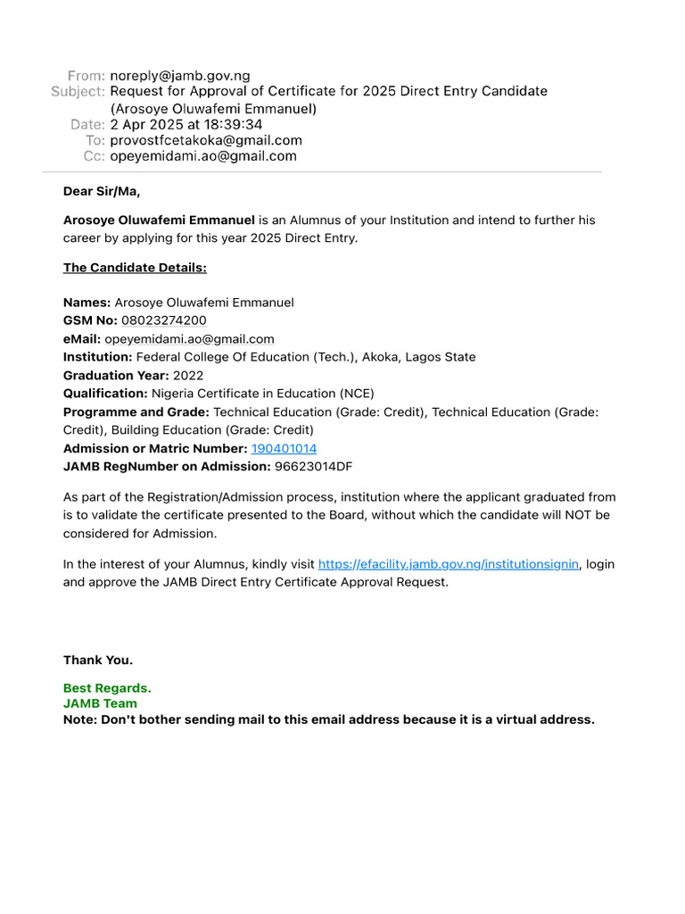 Request For Approval of Certificate For 2025 Direct Entry Candidate ...