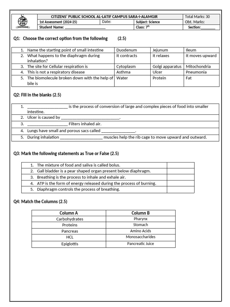 7 Science 1st Assesment 2024 | PDF | Human Digestive System | Digestion