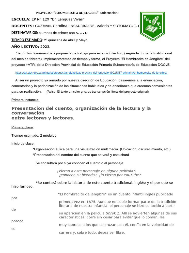 Proyecto El Hombrecito de Jengibre | PDF | Escritura