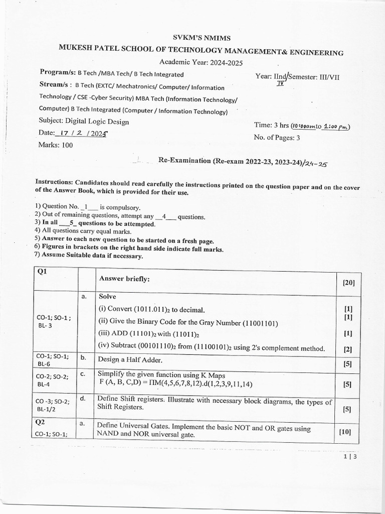 Digital Logic Design Sem-III Batch 2024-25 Re Exam VykcsmwsIE | PDF