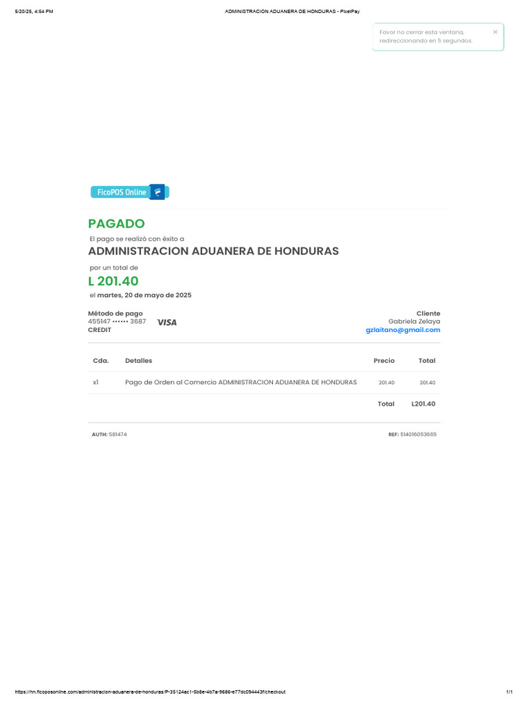 ADMINISTRACION ADUANERA DE HONDURAS - PixelPay | PDF