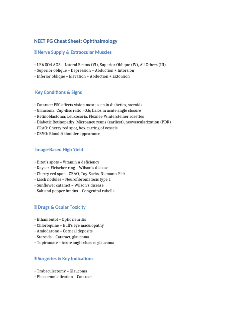 Ophthalmology Cheat Sheet for NEET PG | PDF