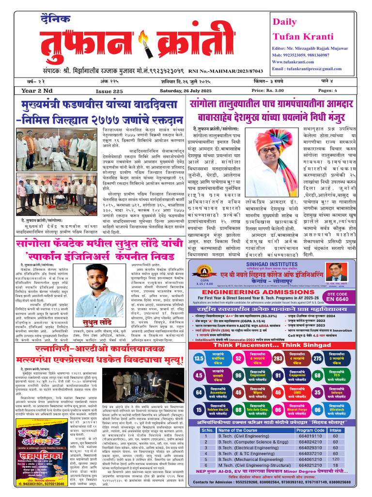 Tufan Kranti Daily Issue 225 - July 2025 | PDF