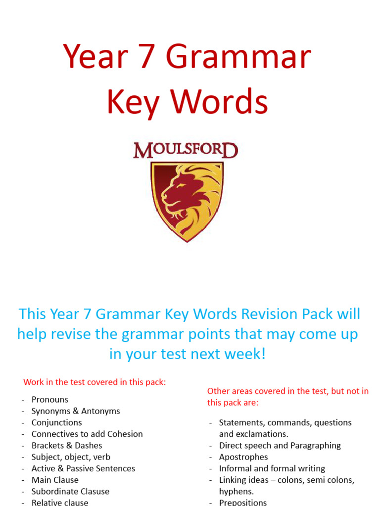 Year 7 Grammar Key Words - Up To Date | PDF | Verb | Pronoun