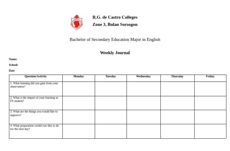 Weekly Journal Template (1) | PDF