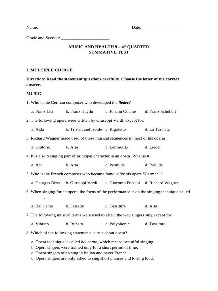 Music and Health 9 Summative Test | PDF | Violence | Opera