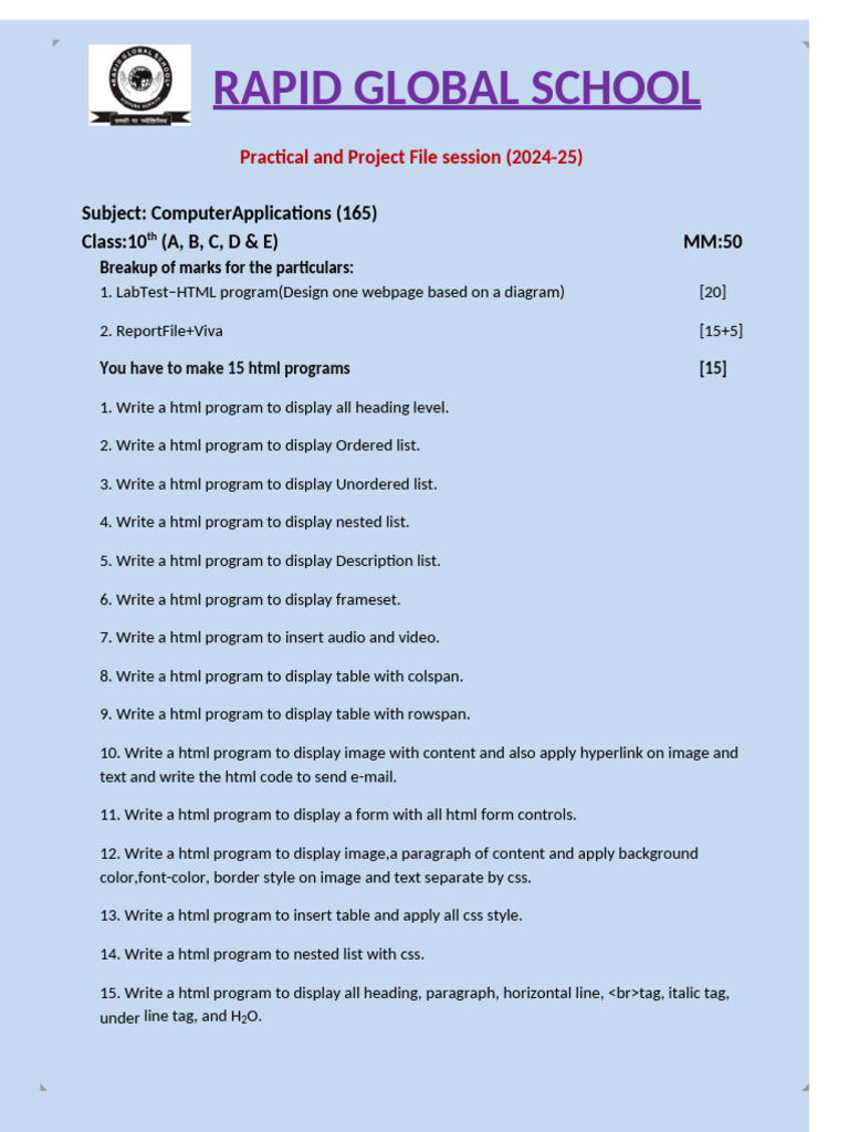 Practical and Project File Assignments CLASS X | PDF | Html | Html Element