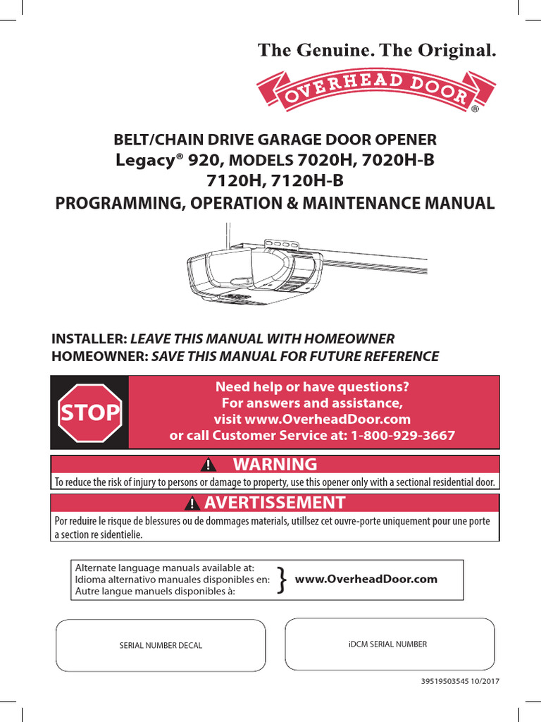 Legacy 920 Garage Door Opener Manual | PDF | Door