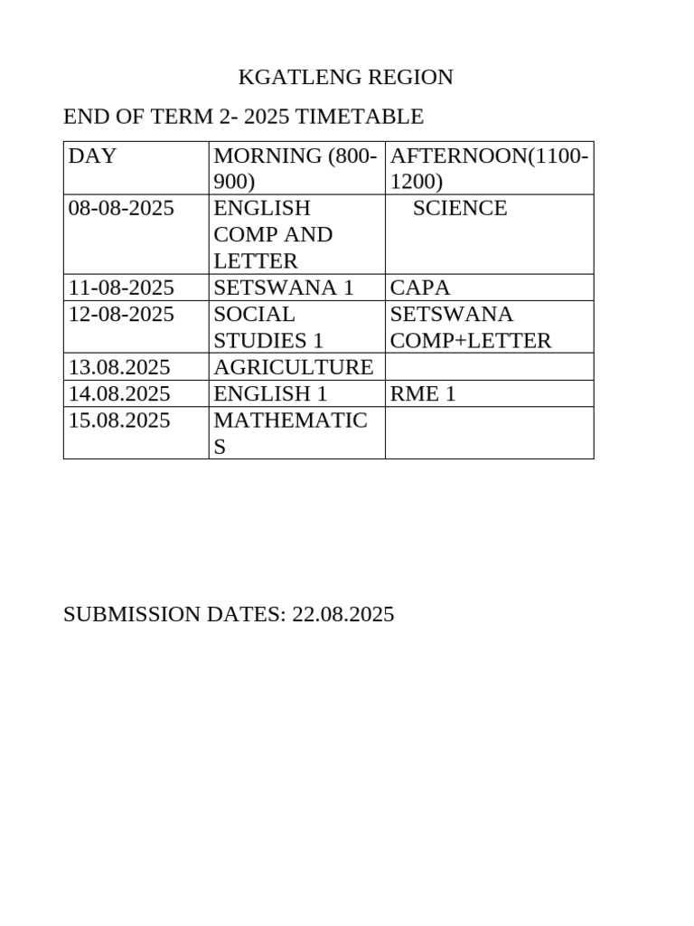 End of Term 2 Timetable 2025 (2) Edited | PDF