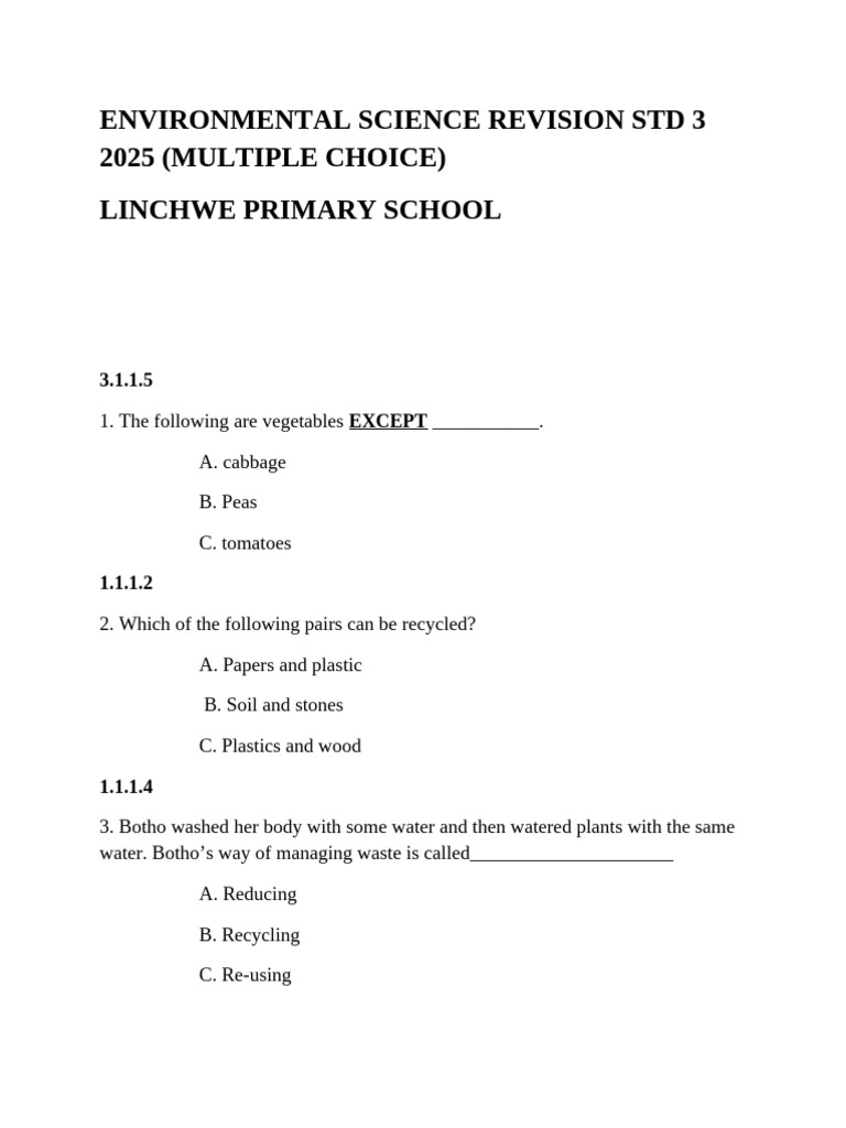 Grade 3 Environmental Science Quiz | PDF | Meal | Soil