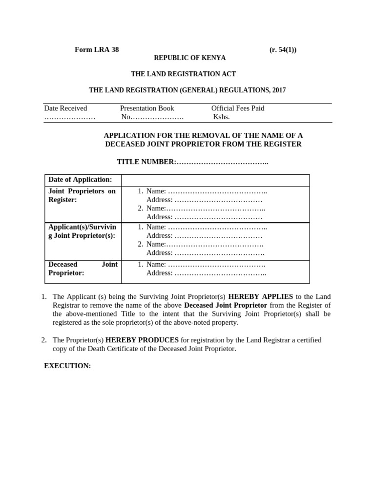 Form Lra 38 Application For The Removal of The Name of A Deceased Joint Proprietor From The ...