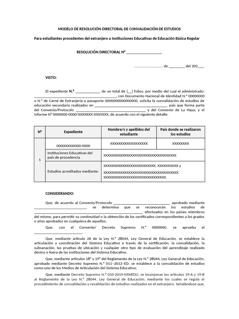 Modelo de Resoluión Directoral - Convalidación - Revalidación | PDF | Plan de estudios | Regulación