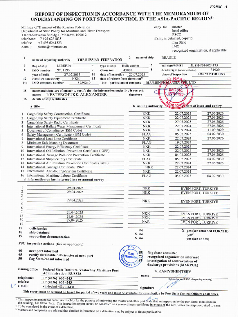 PSC INSPECTION REPORT VOSTOCHNY 25 JUL 2025 | PDF