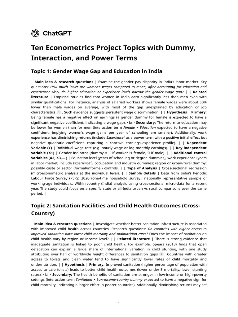 Ten Econometrics Project Topics With Dummy, Interaction, and Power Terms | PDF | Economic Growth ...