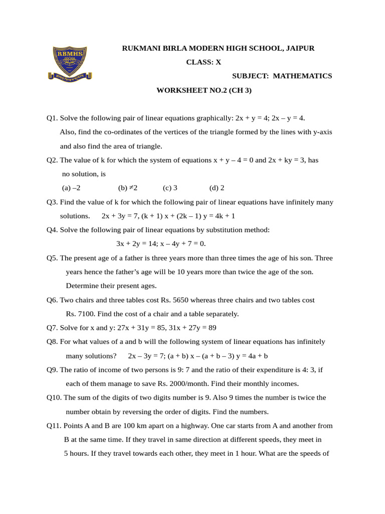 Class 10 Math Worksheet 2 CH 3 2024-25 | PDF | Mathematical Objects ...
