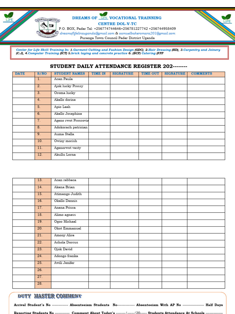 Daily Student Reporting Register 2025 | PDF