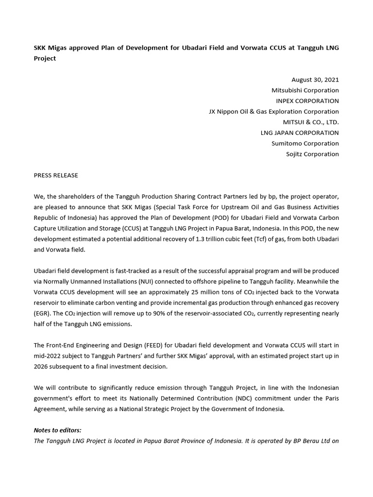 SKK Migas Approved Plan of Development For Ubadari Field and Vorwata ...