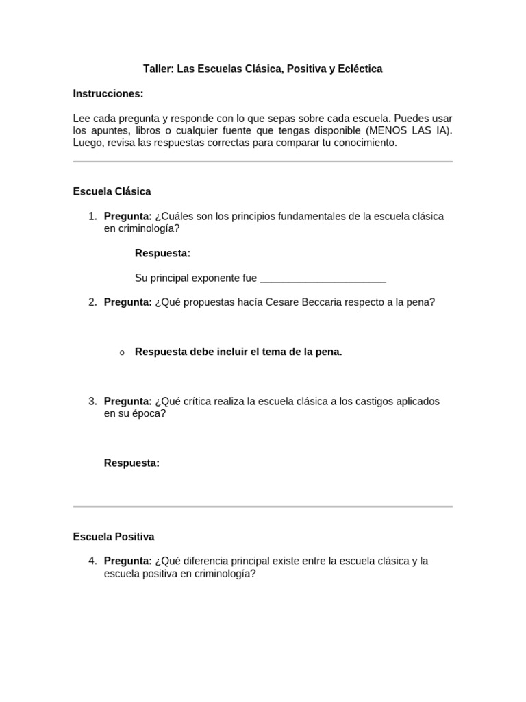 Taller Las Escuelas Clásica, Positiva y Ecléctica | PDF | Castigos ...