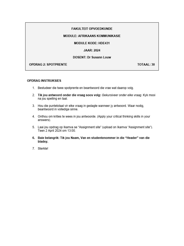 2024 HDE431 Afrikaans Opdrag 2 Spotprente | PDF