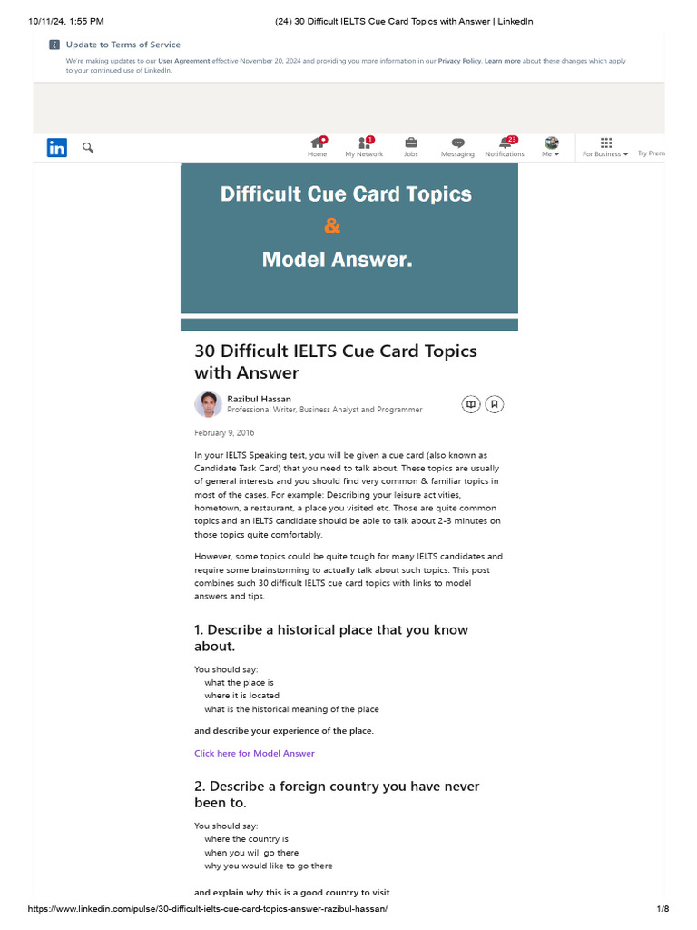 30 Difficult IELTS Cue Card Topics With Answer - LinkedIn | PDF ...