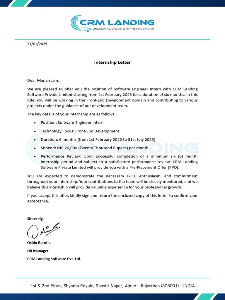 Manan Jain -Internship Letter | PDF