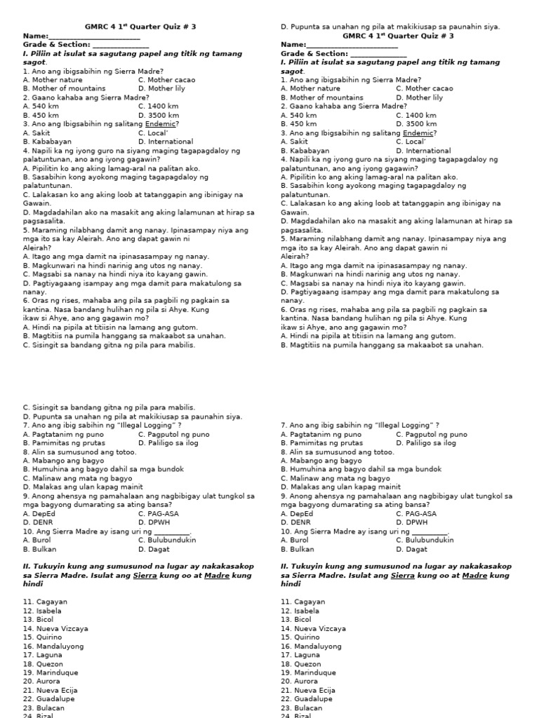 GMRC 4 1st Quarter Quiz #3 | PDF