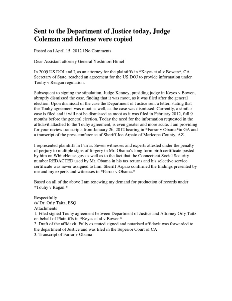 2012-04-16 - TAITZ - Letter Re Touhy Request From Keyes V Bowen Case | PDF