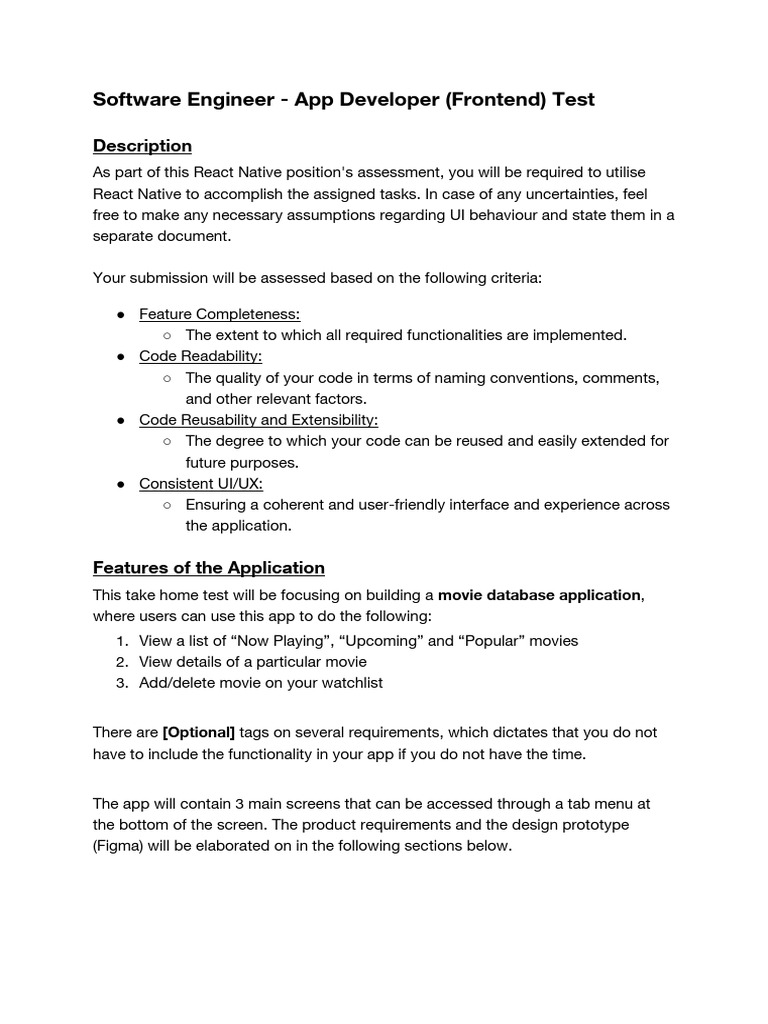Software Engineer (App) - Take Home Test | PDF | User Interface ...