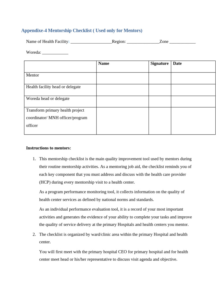 Mentorship Checklist for Health Facilities | PDF | Mentorship
