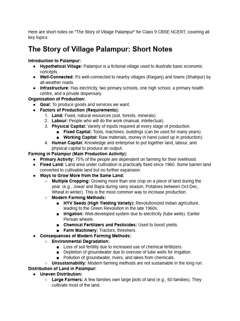 Give Me Short Notes on Story of Palampur Class 9 c... | PDF ...
