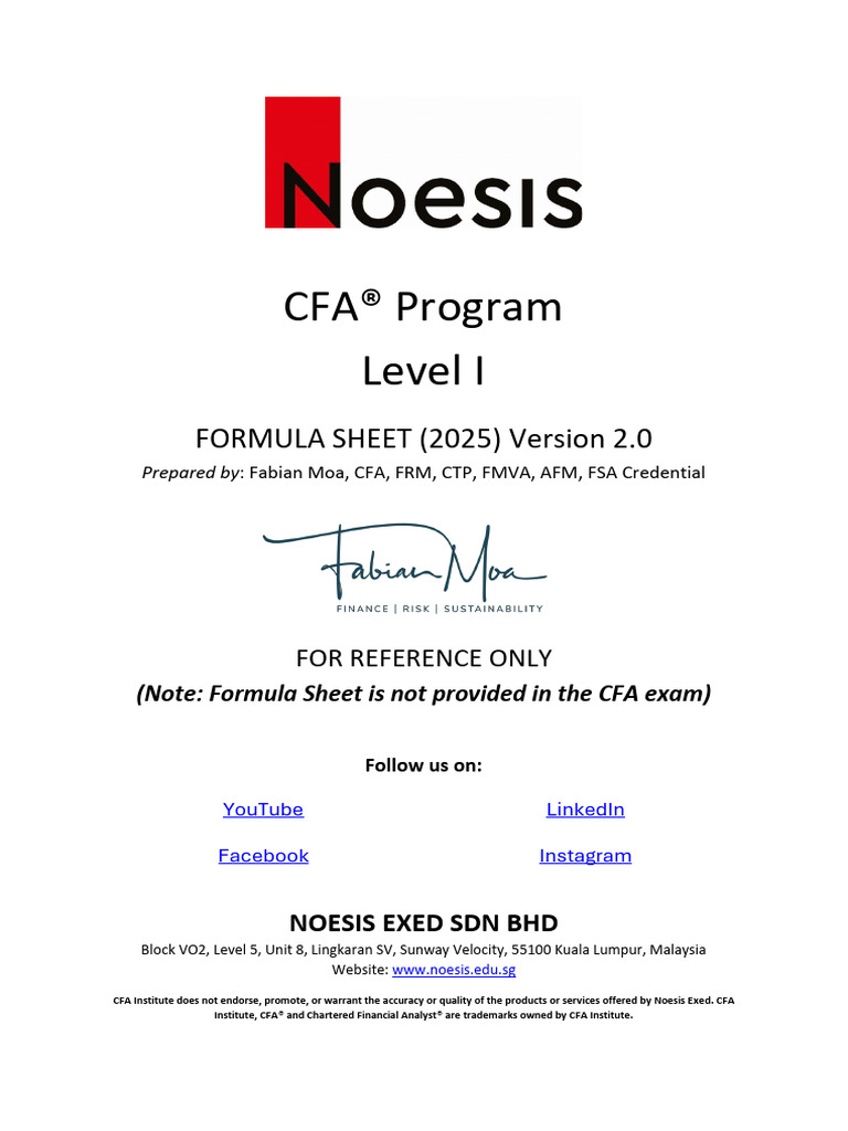CFA Level I Formula Sheet 2025 by Fabian Moa v2.0 | PDF | Fixed Income ...