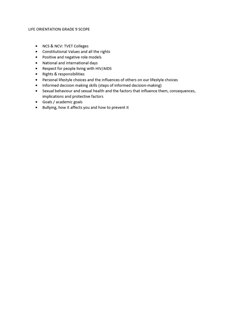 Grade 9 Life Orientation Term 4 Scope | PDF