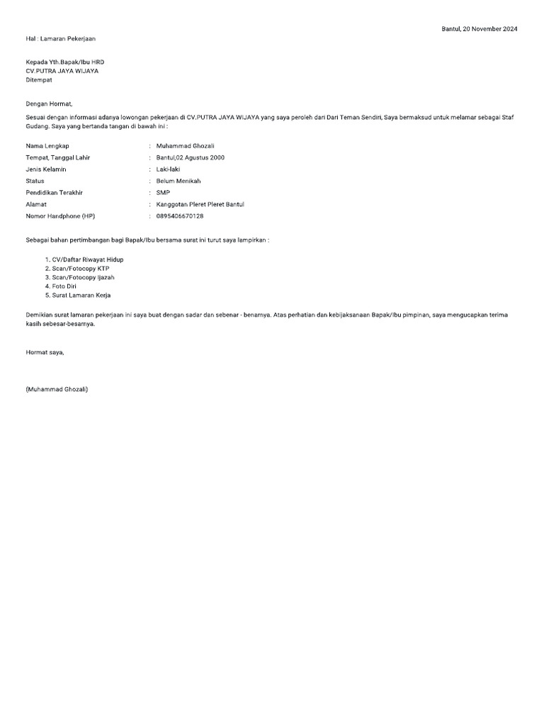 Surat Lamaran Kerja | PDF