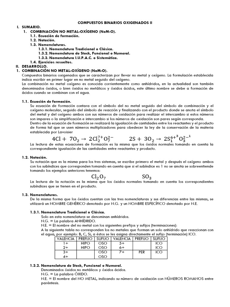 Compuestos Binarios Oxigenados: Nomenclaturas y Ejercicios | PDF ...