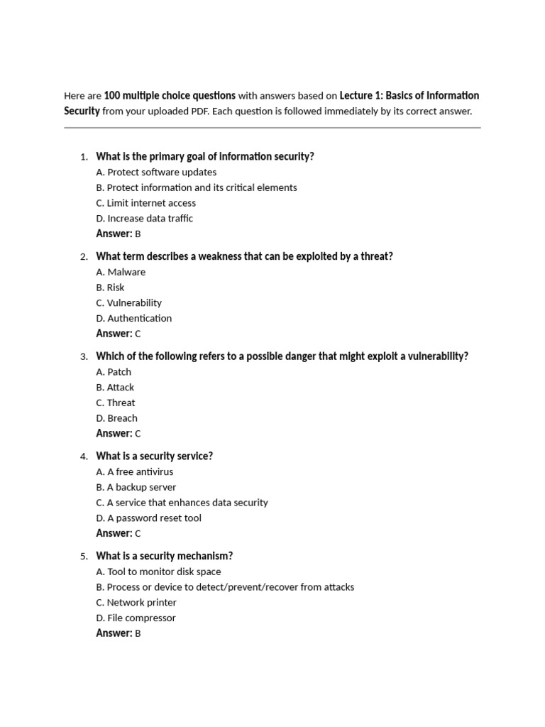100 MCQs on Information Security Basics | PDF | Information Security ...