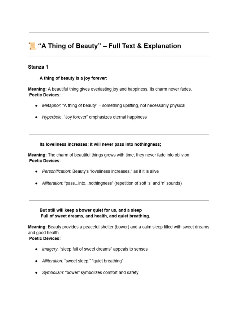 ? "A Thing of Beauty" - Full Text & Explanation | PDF | Poetry | John Keats