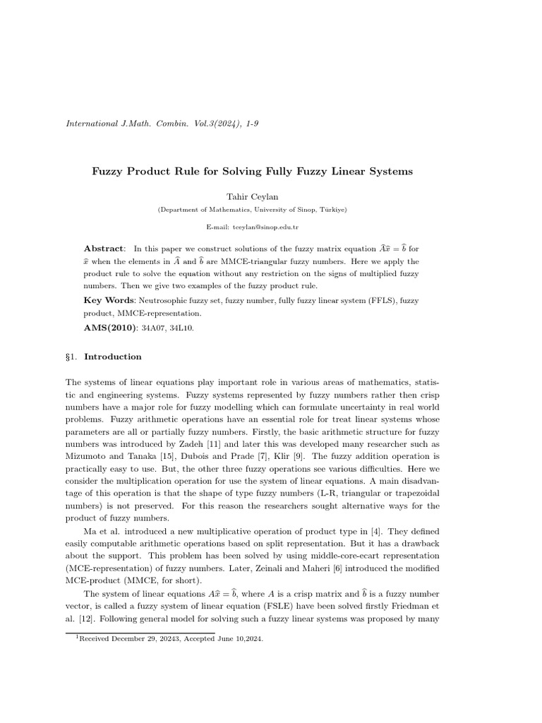 Fuzzy Product Rule For Solving Fully Fuzzy Linear Systems | PDF | System Of Linear Equations ...