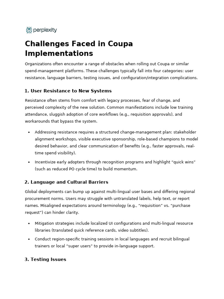 Coupa Implementation Challenges and Solutions | PDF | Change Management ...