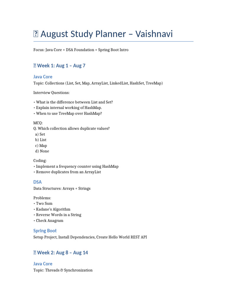August Java Study Planner & DSA Guide | PDF