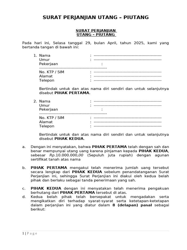 Surat Perjanjian Utang-Piutang 2025 | PDF