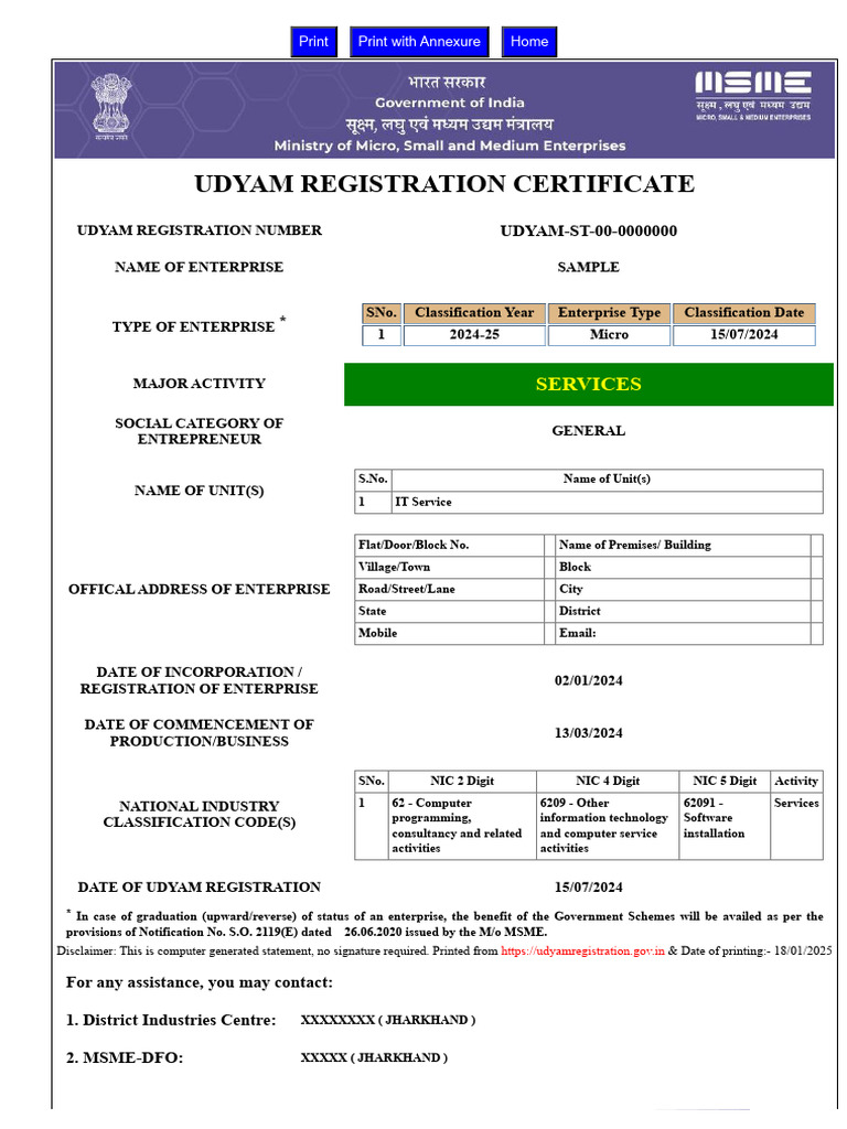 Sample Udyam Certificate UdyamGov | PDF | Computing